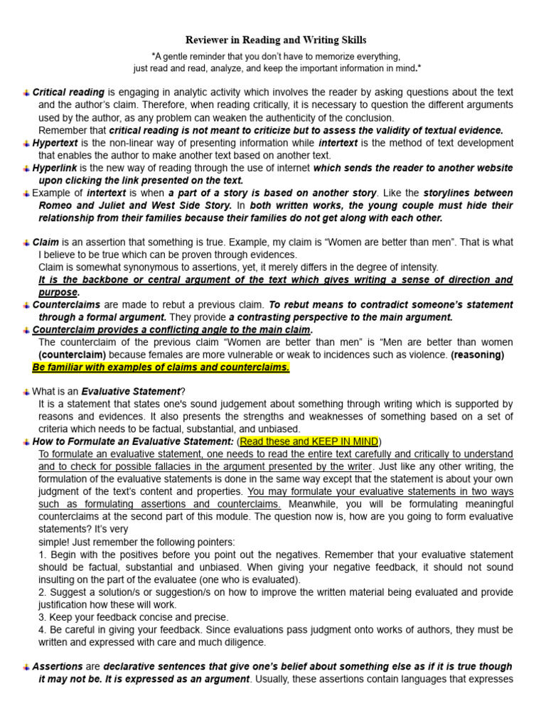 Reviewer in Reading and Writing Skills - 4th Quarter | PDF | Résumé ...