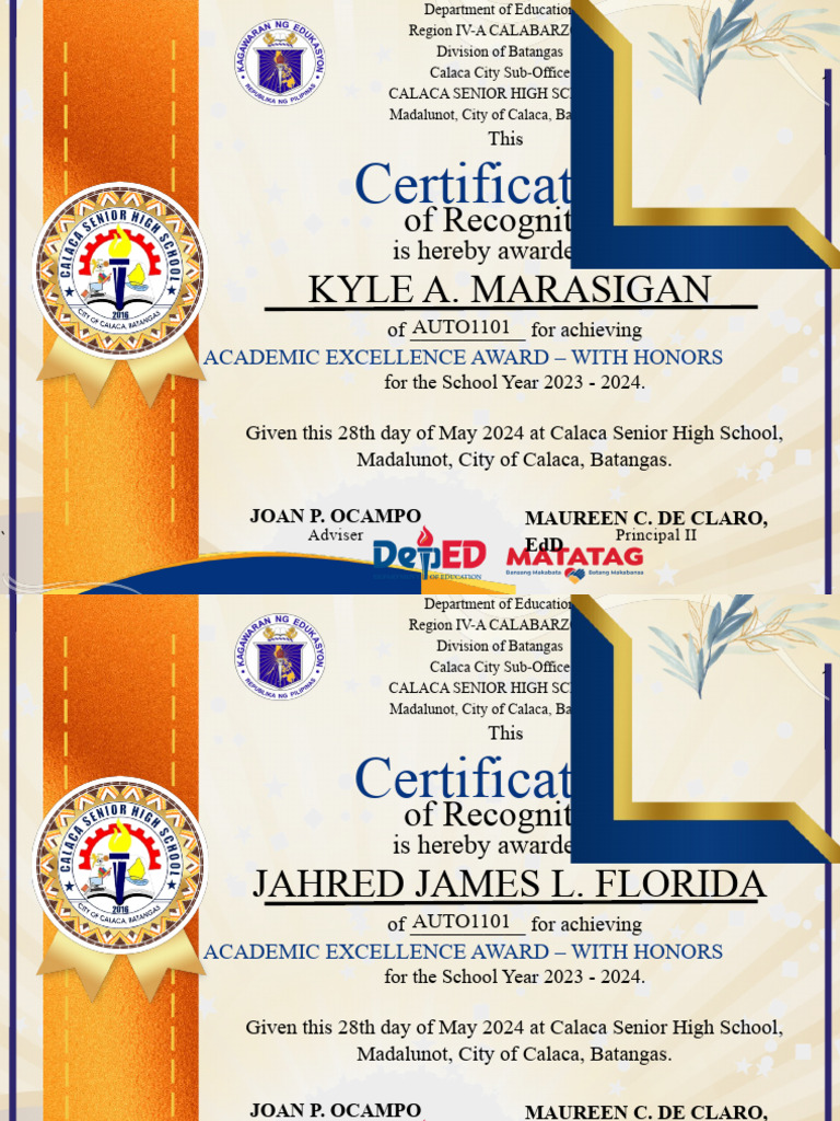 Latest Grade 11 SY.2023-2024 - Certificate - Recognition | PDF