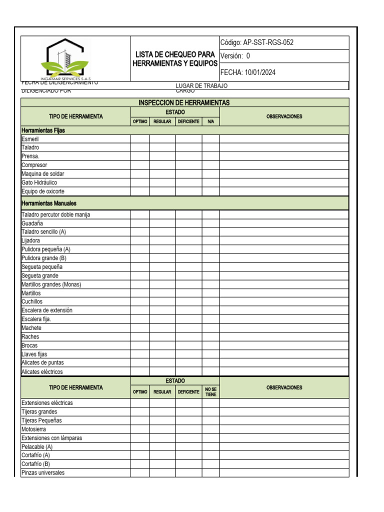 Formato Lista de Chequeo para Herramientas y Equipos | PDF | Perforar | Herramientas de corte