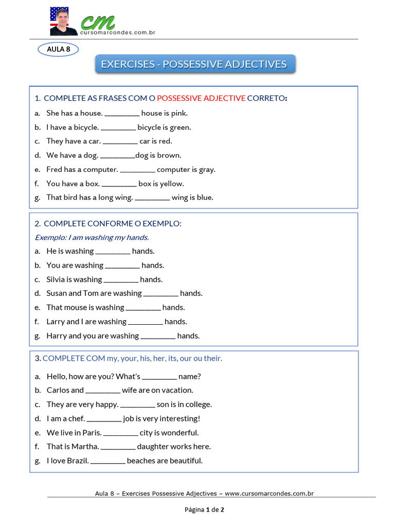 Aula 8: Possessive Adjectives Exercises | PDF