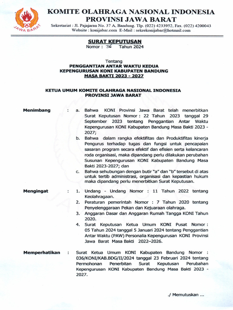 36 Tahun 2024 PAW Pengurus KONI Kab. Bandung MB 2023-2027 | PDF