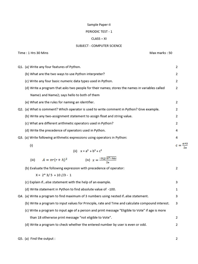 XI CS PT-1 Sample Paper-II | PDF | Python (Programming Language ...
