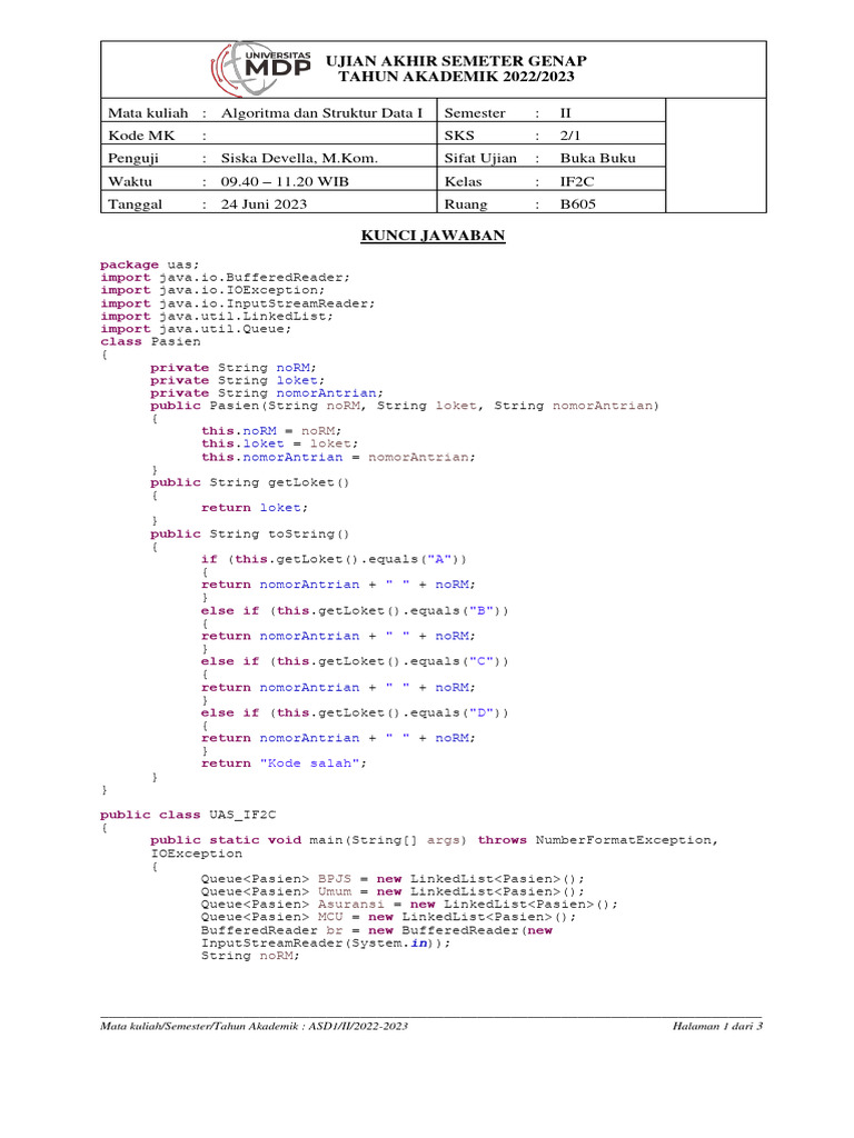 Kunci Jawaban Uas Asd1 If2c (P) | PDF