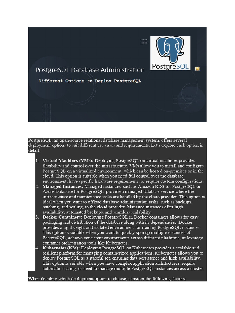 Different Options To Deploy PostgreSQL | PDF | Cloud Computing | Scalability