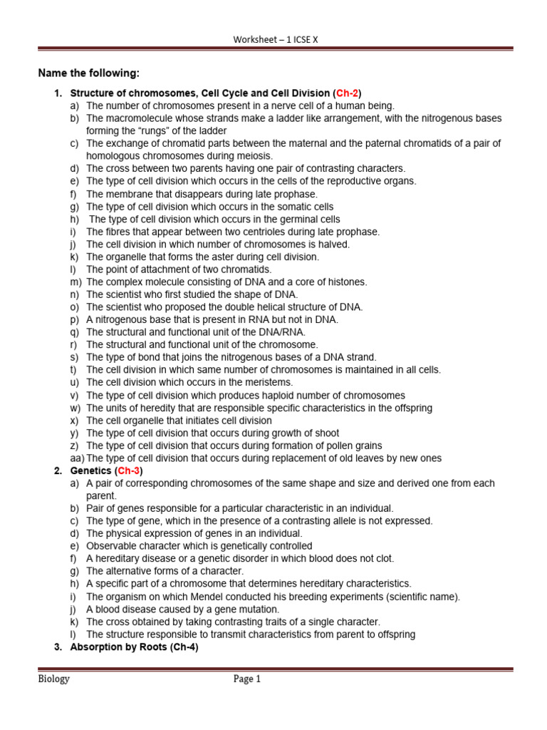BIOLOGY WK-1 ICSE - X | PDF | Cell (Biology) | Genetics