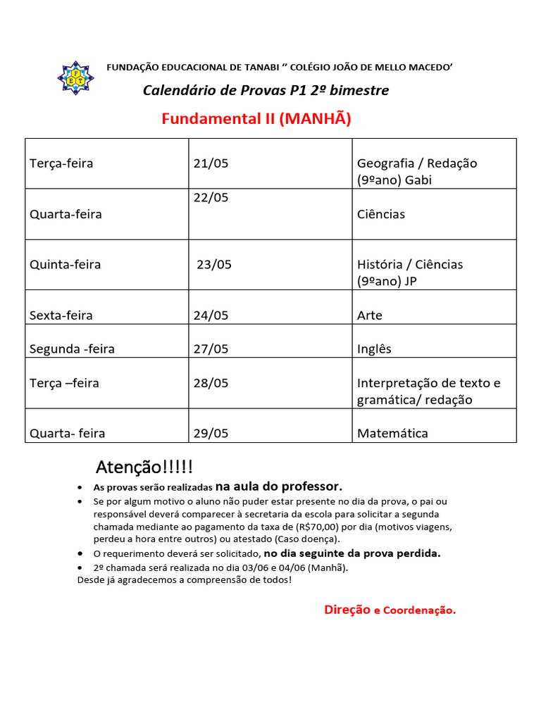 Calendário de Provas P1 Fundamental Ii 2 º Bimestre 2024 | PDF