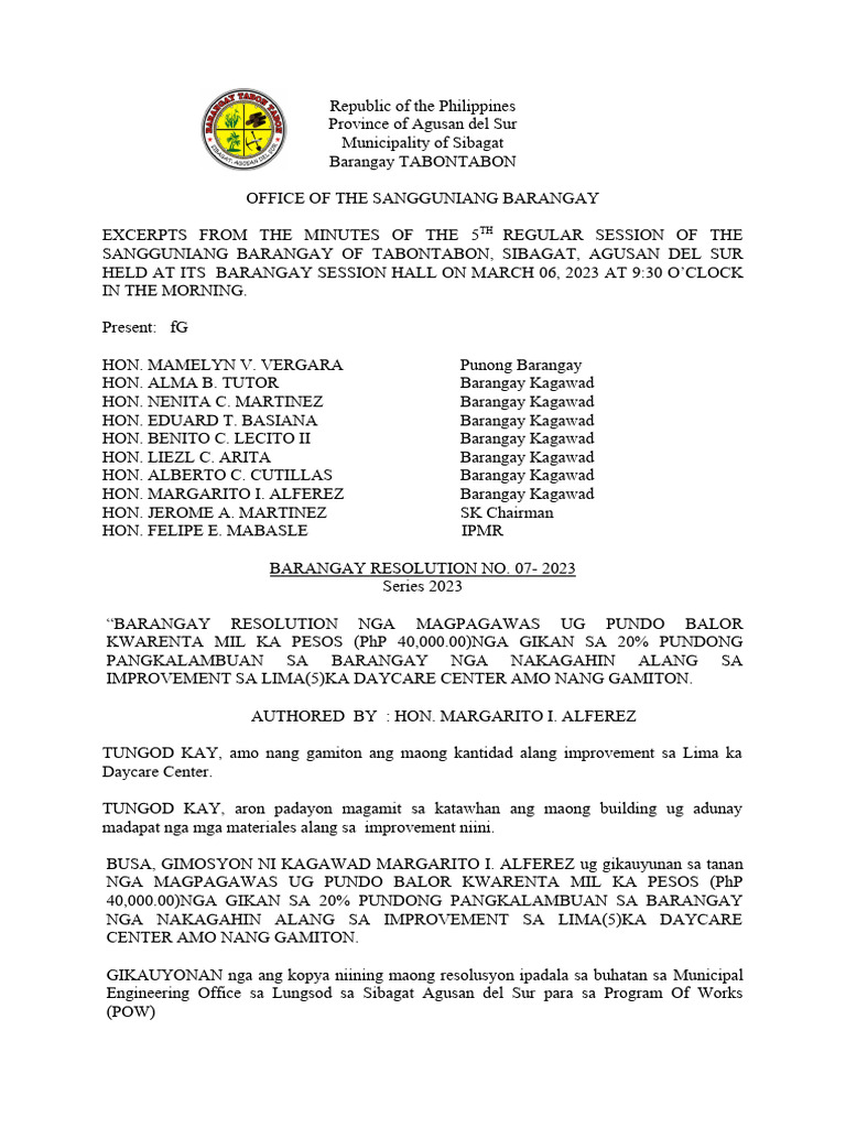 Resolution-20-BDF-Tabontabon-2023 (1) | PDF