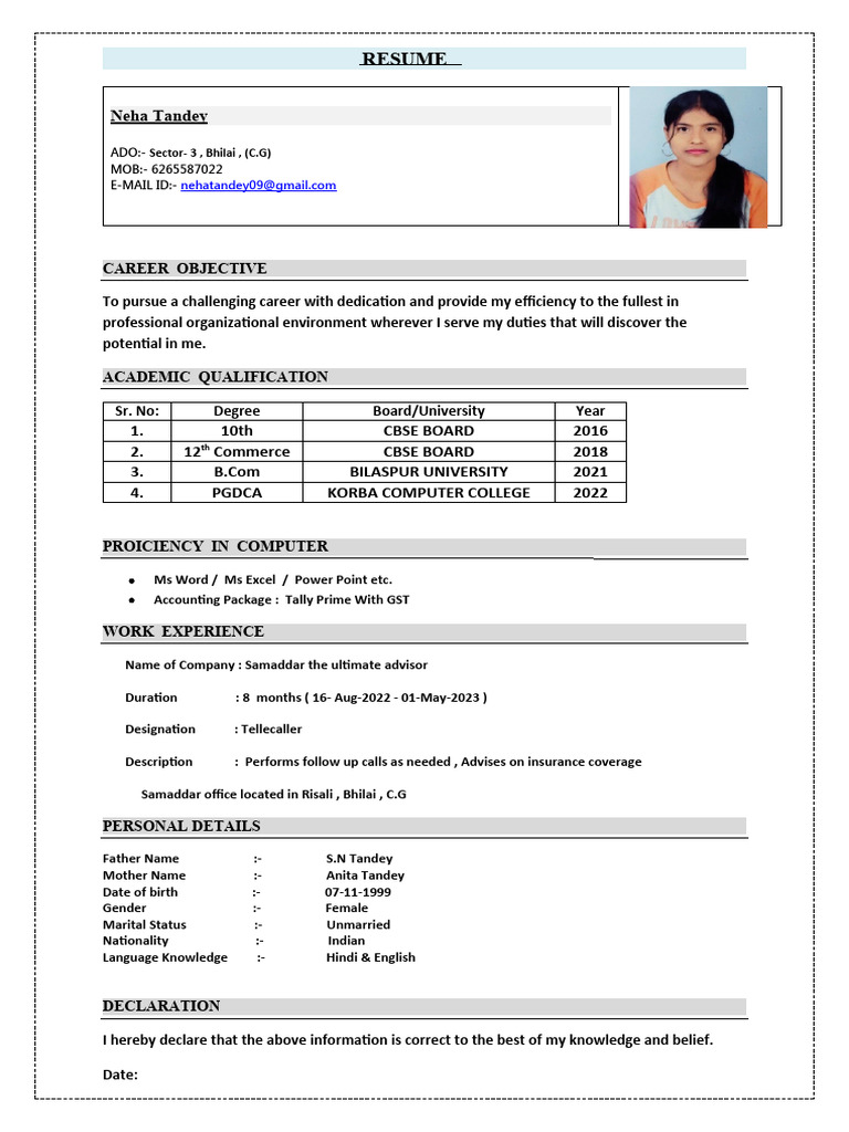 Neha Tandey Resume - B.Com Graduate | PDF