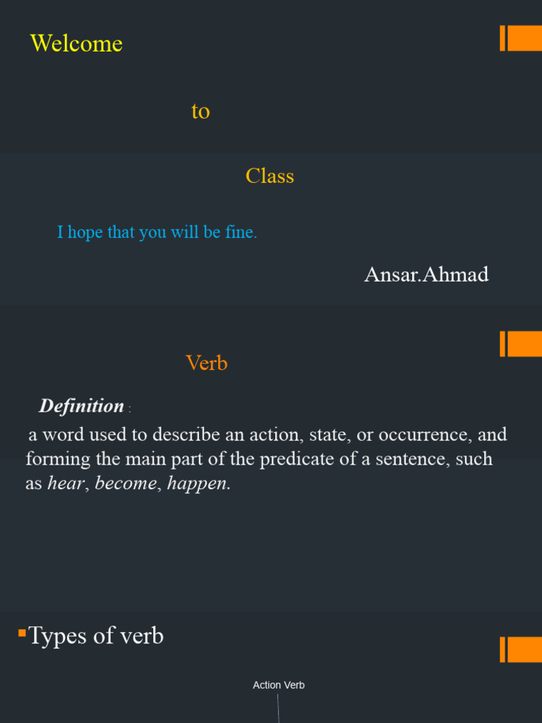 Verbs: Types and Definitions for Class 1 | PDF | Verb | Subject (Grammar)