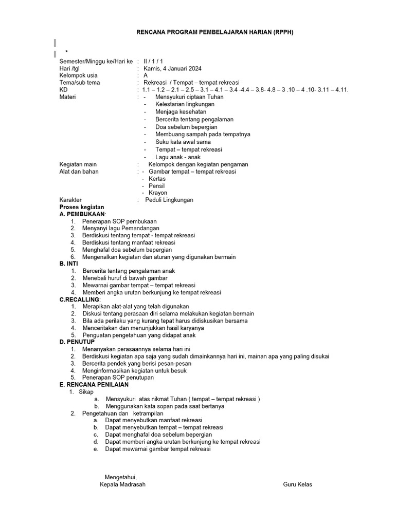 RPPH PAUD KURIKULUM Merdeka KELOMPOK A Semester 2 | PDF