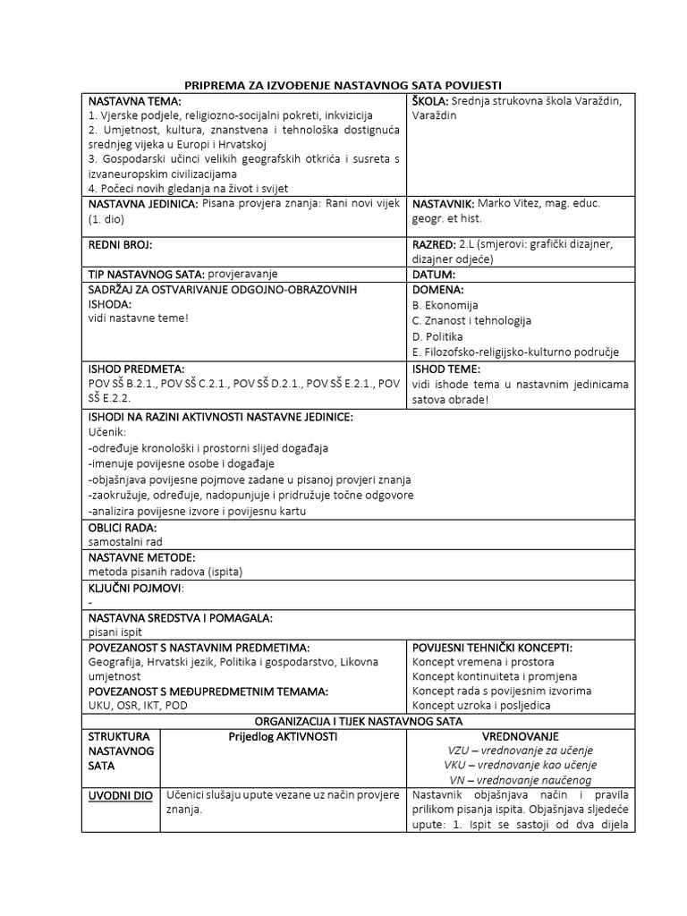 Marko Vitez-Pisana Provjera Znanja-Rani Novi Vijek 1dio-Priprema | PDF