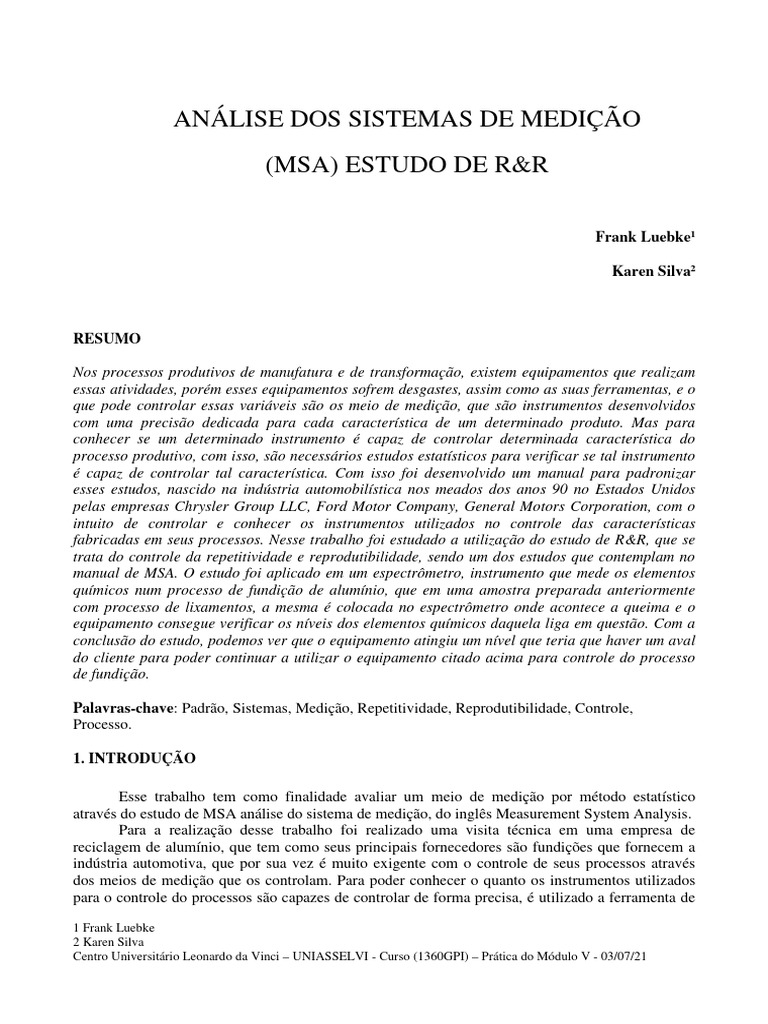 Paper Uniasselvi MSA - Estudo - de - R&R - Metrologia - 2 | PDF ...
