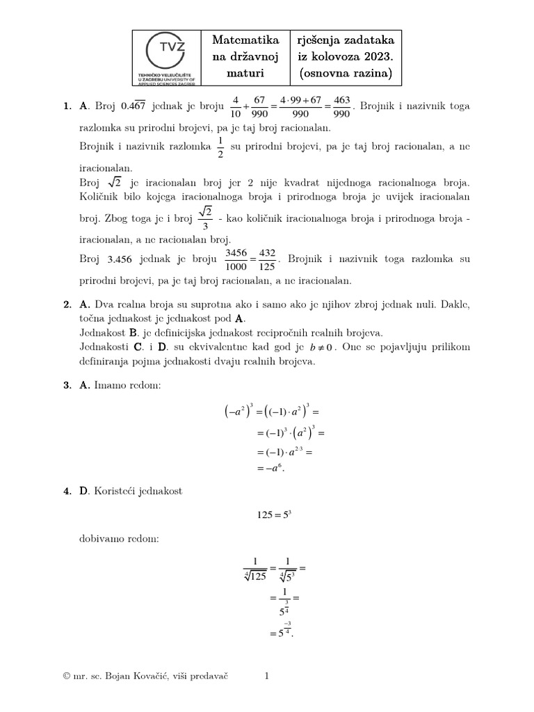 Matb - Kolovoz 2023 - Rjesenja Zadataka | PDF