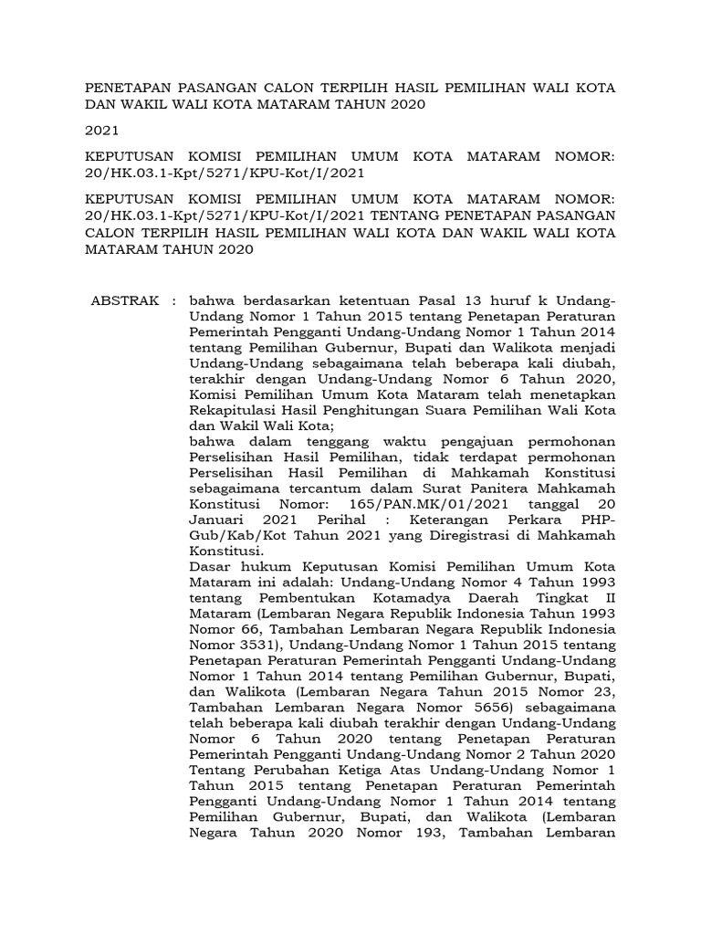 20 Penetapan Pasangan Calon Terpilih Hasil Pemilihan Wali Kota Dan ... 20 Penetapan Pasangan Calon Terpilih Hasil Pemilihan Wali Kota Dan ...