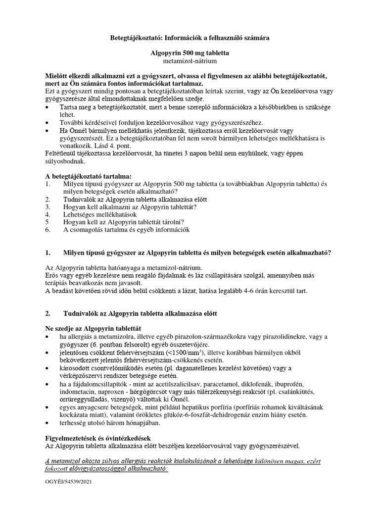 Algopyrin Tabletta Betegtájékoztató | PDF