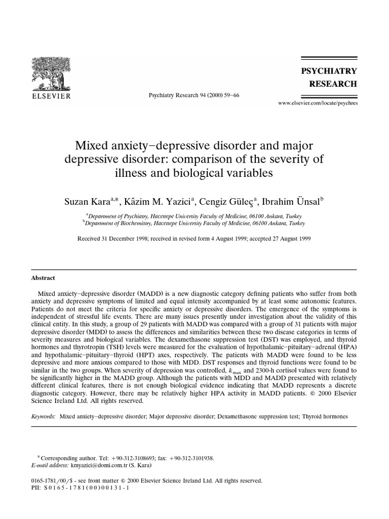 Mixed Anxiety) Depressive Disorder and Major Depressive Disorder: Comparison of The Severity of ...