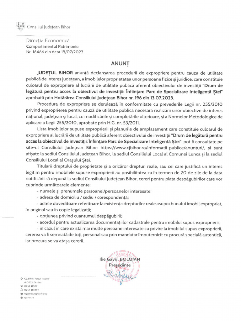 Anunt Expropriere PT Parc SP Int Stei | PDF