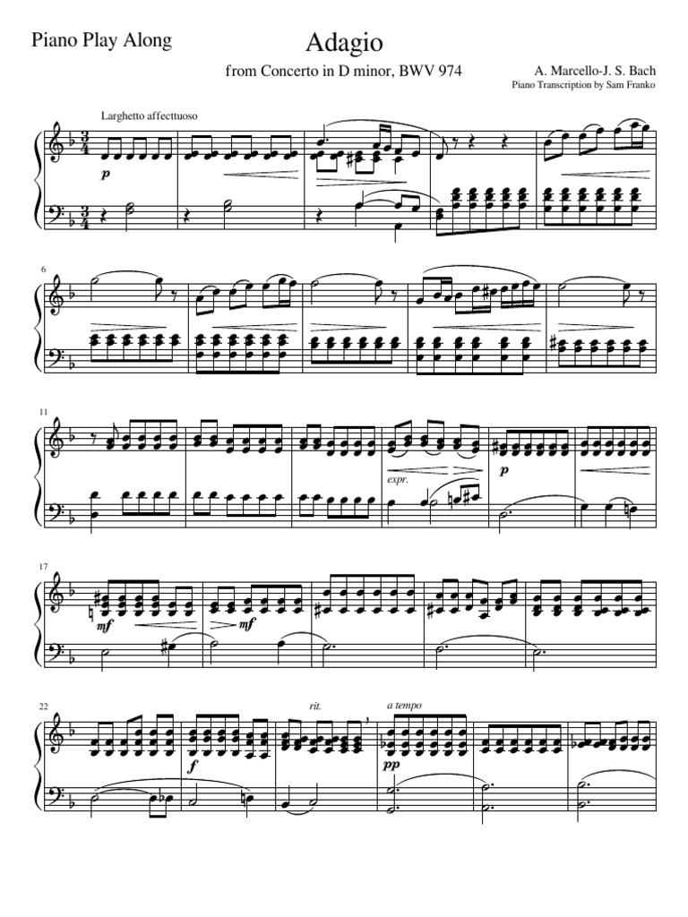 Adagio From Concerto in D Minor BWV 974 by A. Marcello-J.S. Bach For Piano | PDF | Oboe Concerto ...