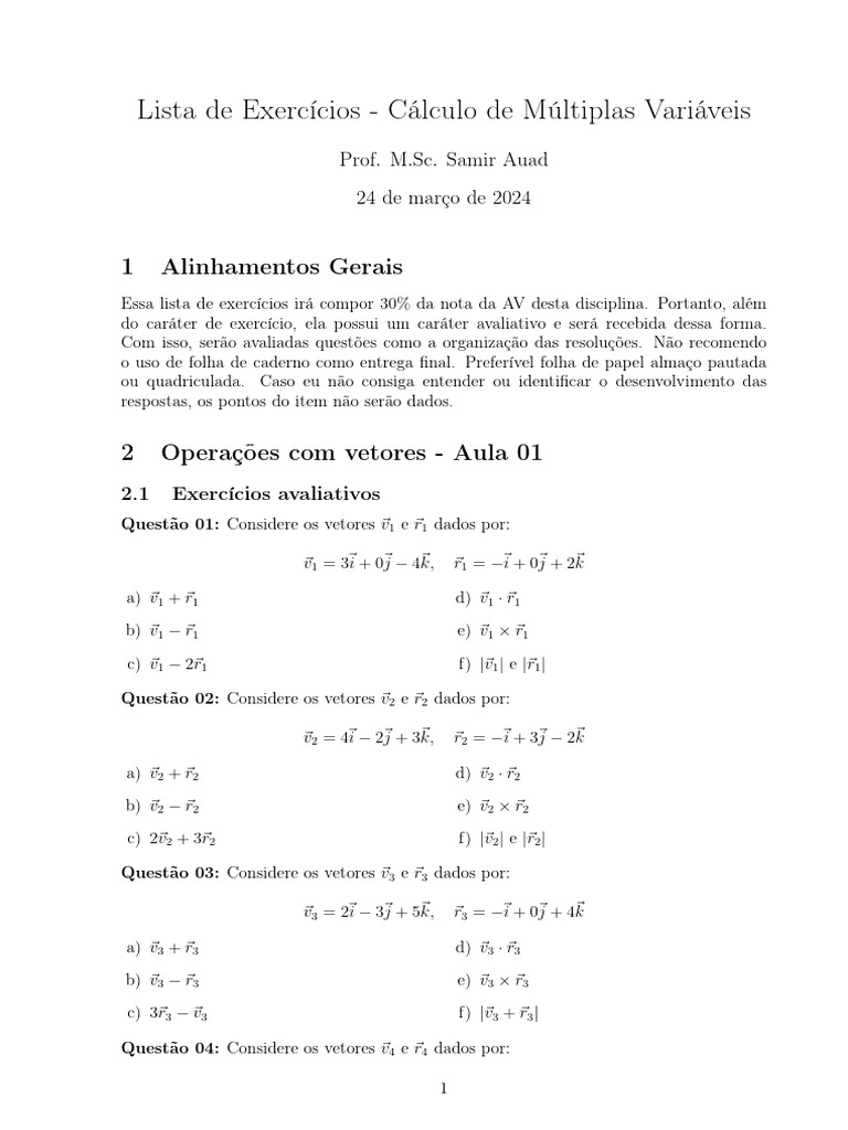 Lista01 - NOTA 2 | Download grátis PDF | Geometria | Álgebra abstrata