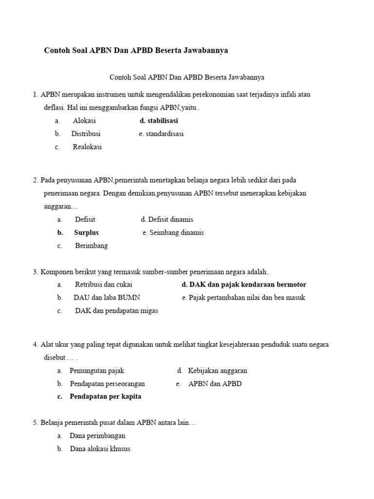 Contoh Soal APBN Dan APBD Beserta Jawabannya | PDF | Bisnis | Pengelolaan Keuangan & Uang