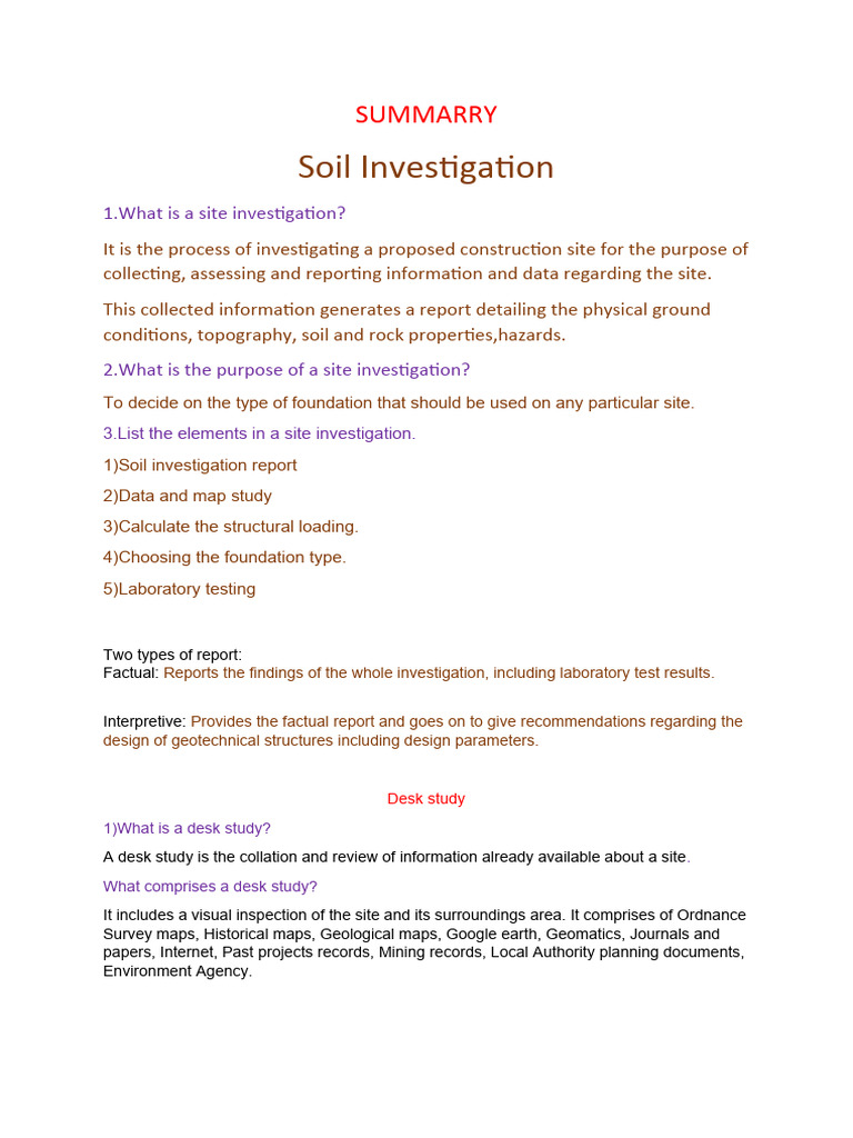 SUMMARRY(Site investigation) | PDF | Geotechnical Engineering | Earth ...