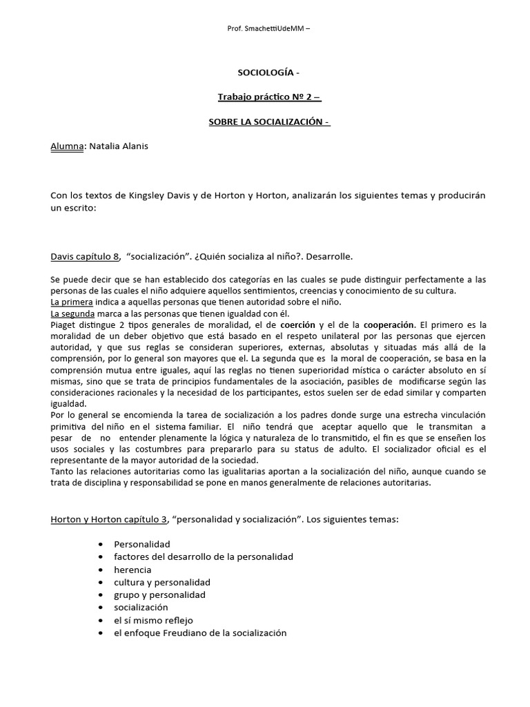 TP. #2 - SOBRE LA SOCIALIZACIÓN - Natalia Alanis | PDF | Socialización ...