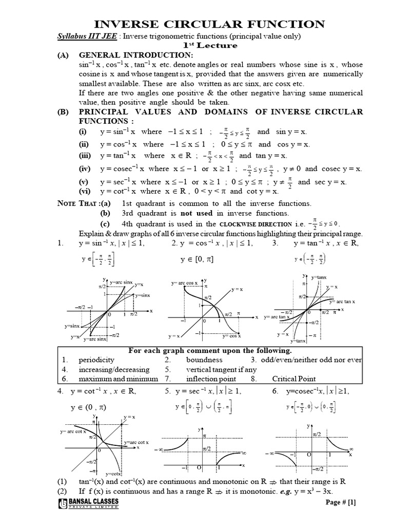 IIT JEE Inverse Trig Functions Guide | PDF | Trigonometric Functions | Special Functions