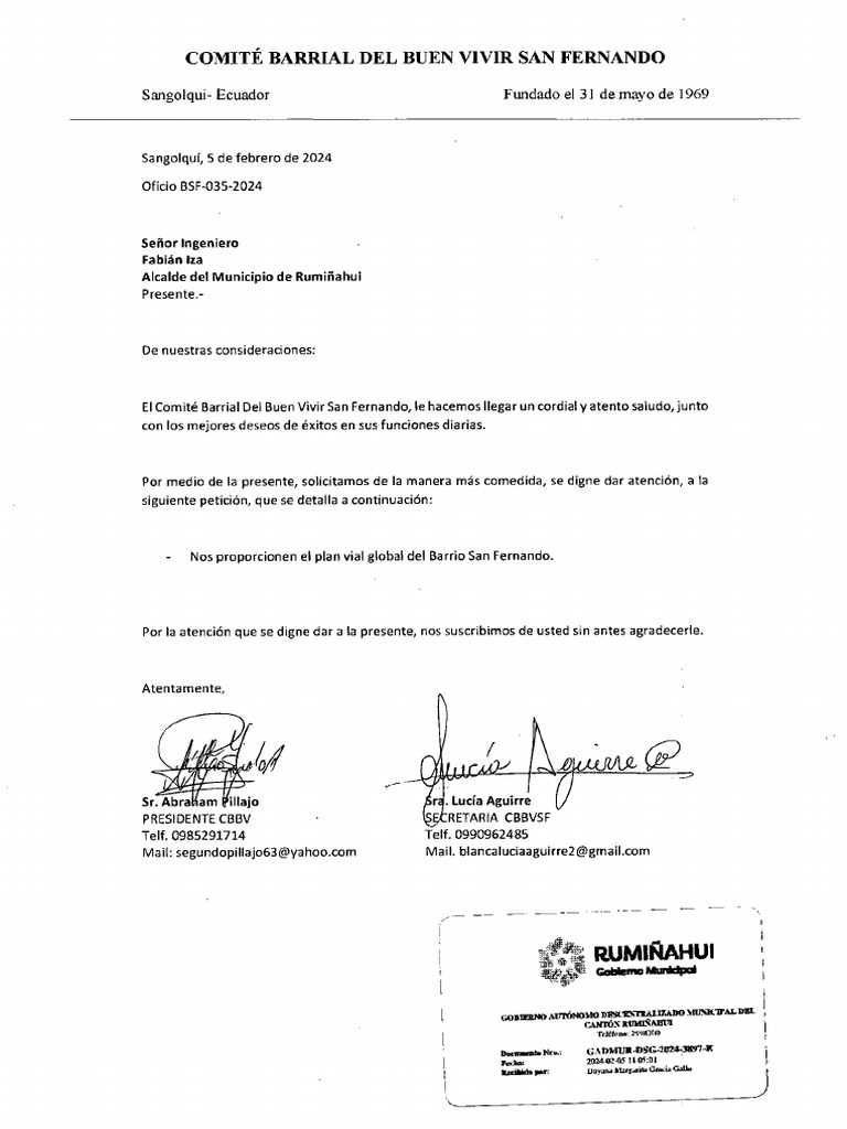 Solicitud de Plan Vial Barrio San Fernando | PDF