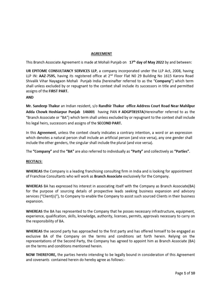 BA Agreement Sandeep Thakur Hoshiarpur | PDF | Indemnity | Legal Liability