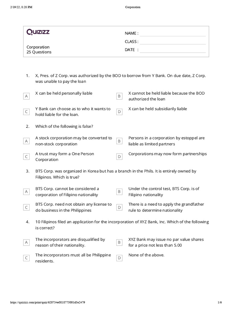 Corporate Law Quiz Questions and Answers | PDF | Board Of Directors ...