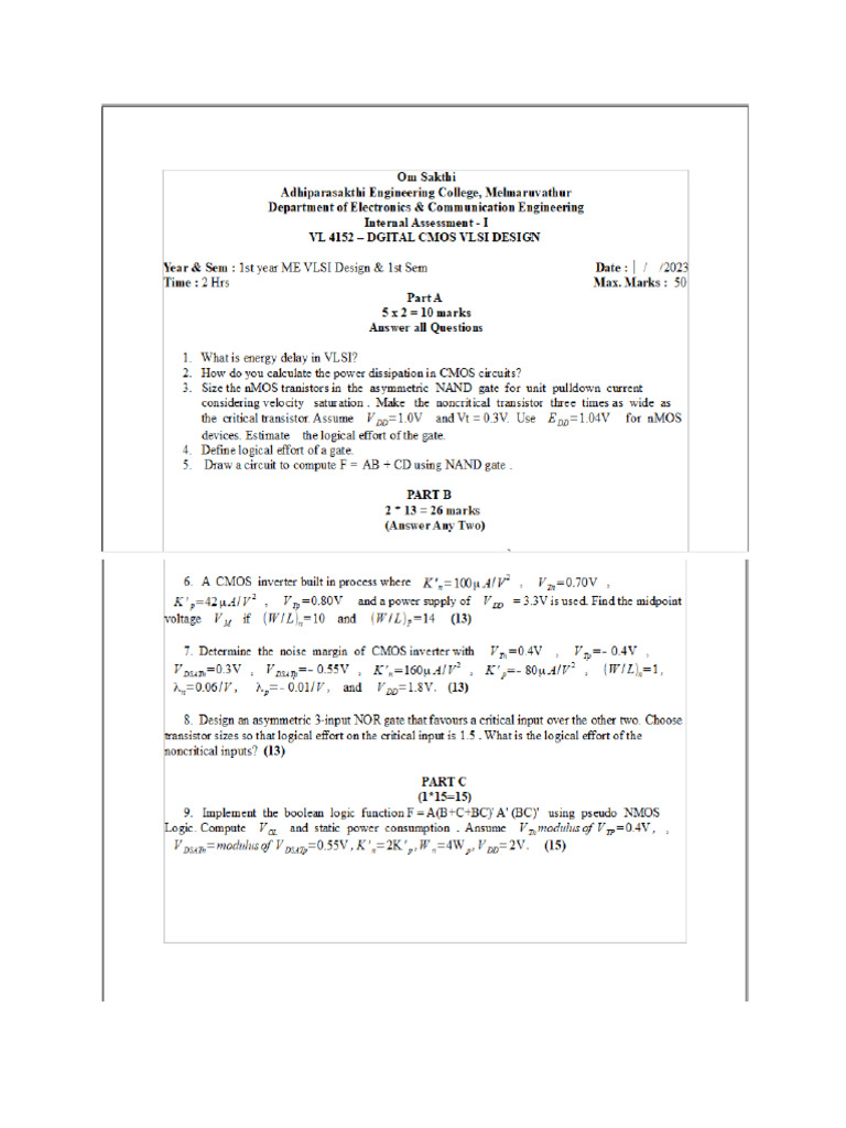 Digital CMOS VLSI Design - Question Paper PDF | PDF