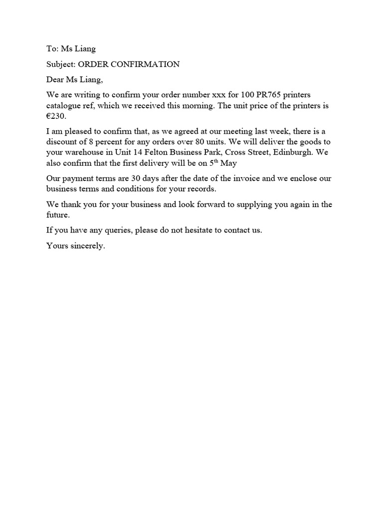 Order Confirmation for 100 Printers | PDF