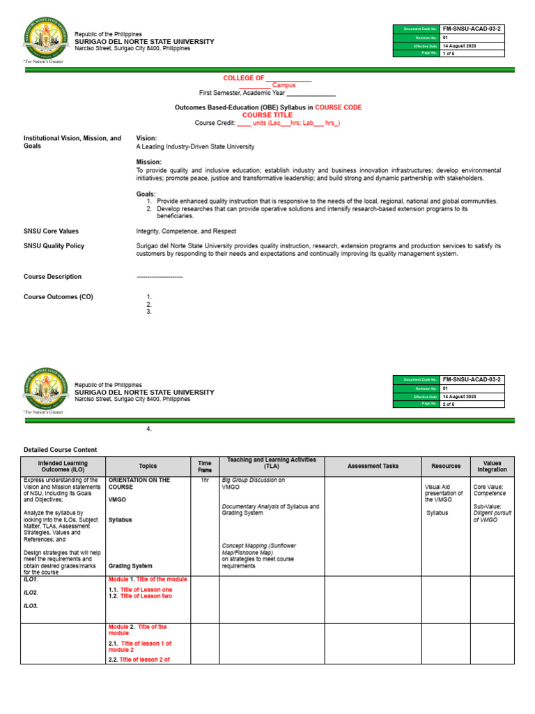 SNSU Course Syllabus and Grading Guide | PDF | Cognition