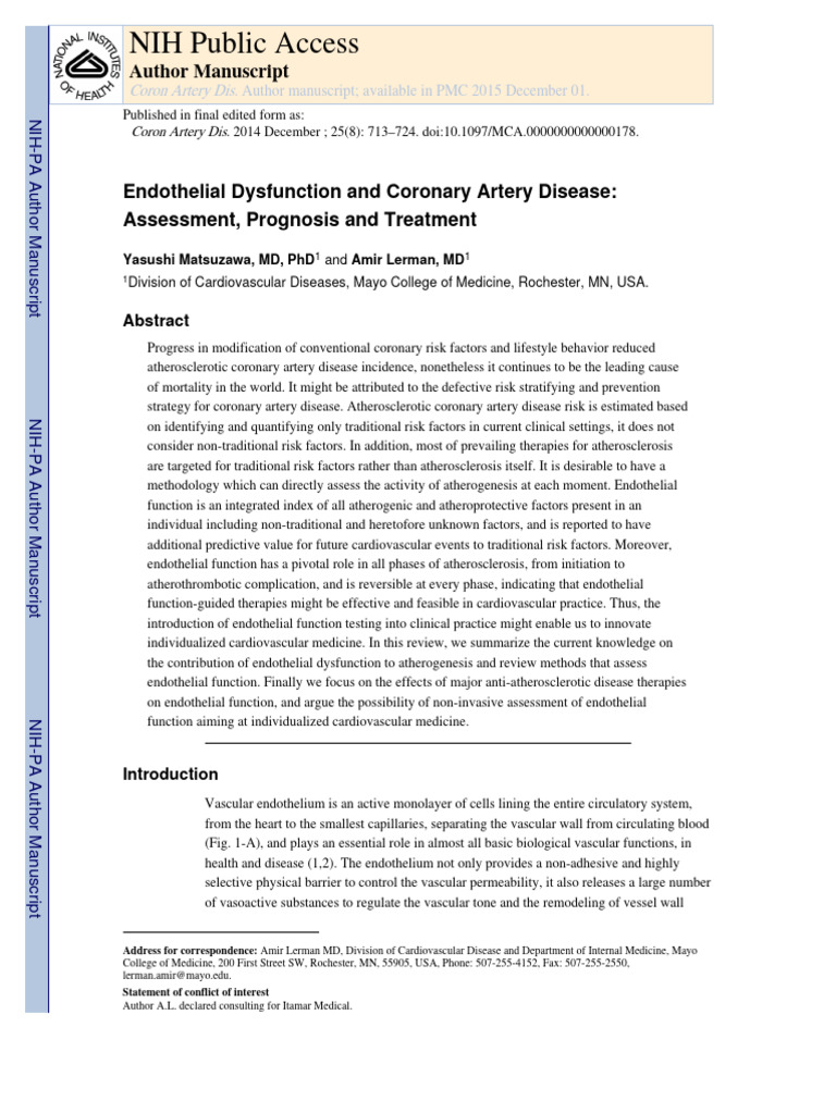 Endothelial Dysfunction and Coronary Artery Disease Assessment ...
