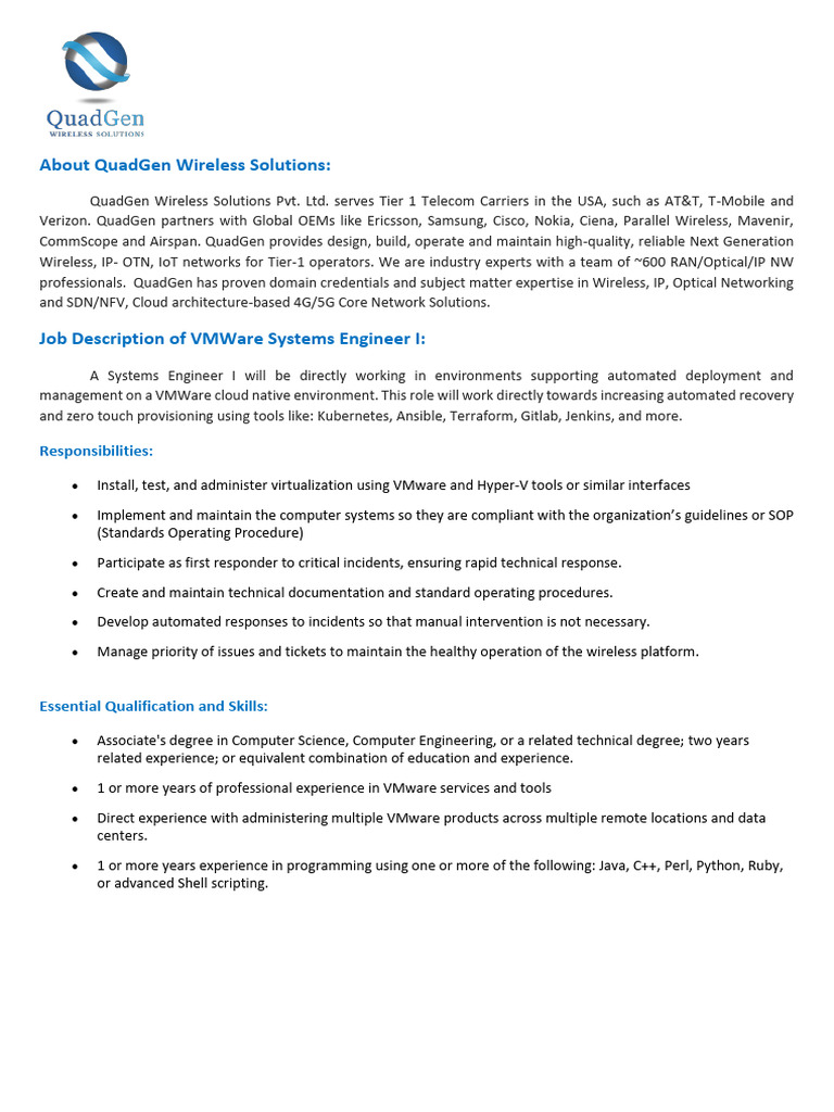 JD_VMWare Systems Engineer I | PDF | Cloud Computing | Systems Engineering