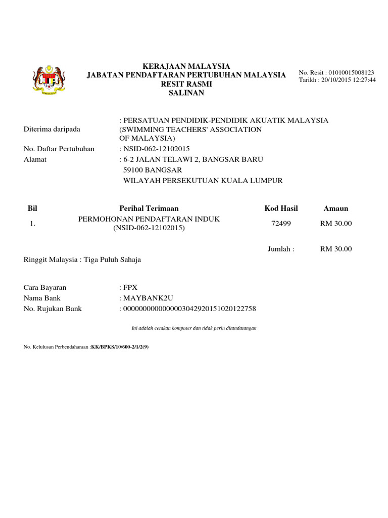 Resit Rasmi Pembayaran Online | PDF