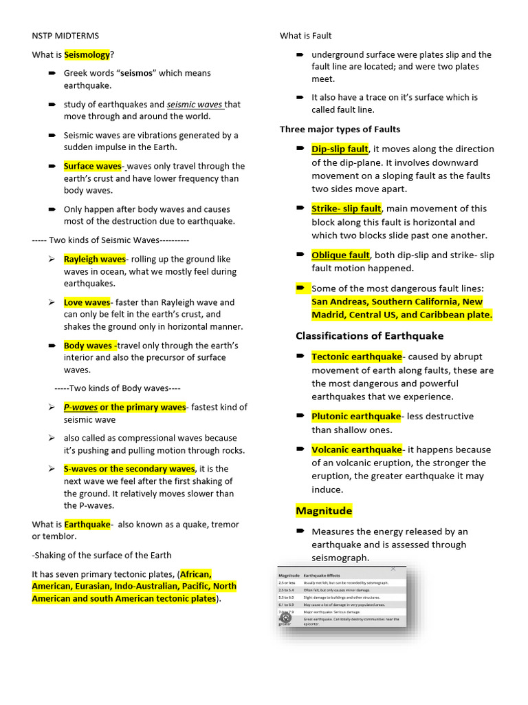 NSTP Midterms Reviewer - 123446 | PDF | Earthquakes | Landslide