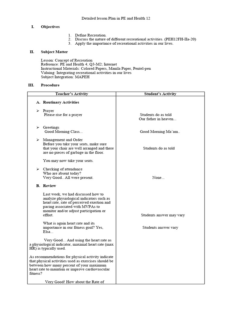 Detailed Lesson Plan in PE and Health 12 For DEMO | PDF | Recreation ...