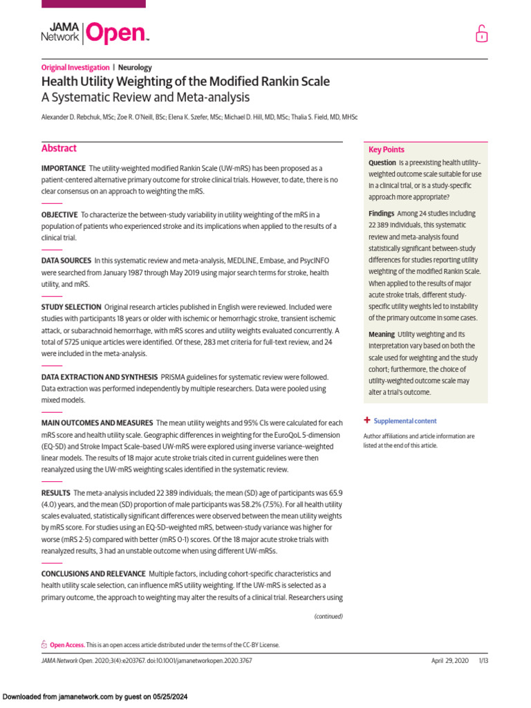 Health Utility Weighting of The Modified Rankin Scale | PDF ...