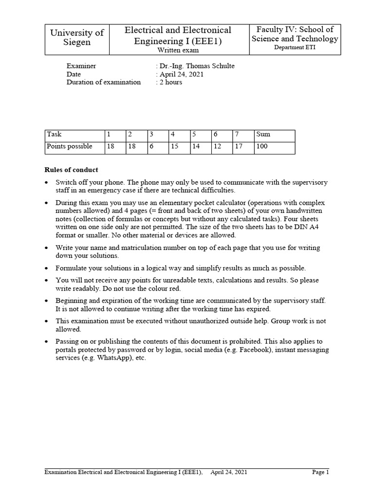 EEE1 Exam April 2021 - University of Siegen | PDF | Electrical Network ...