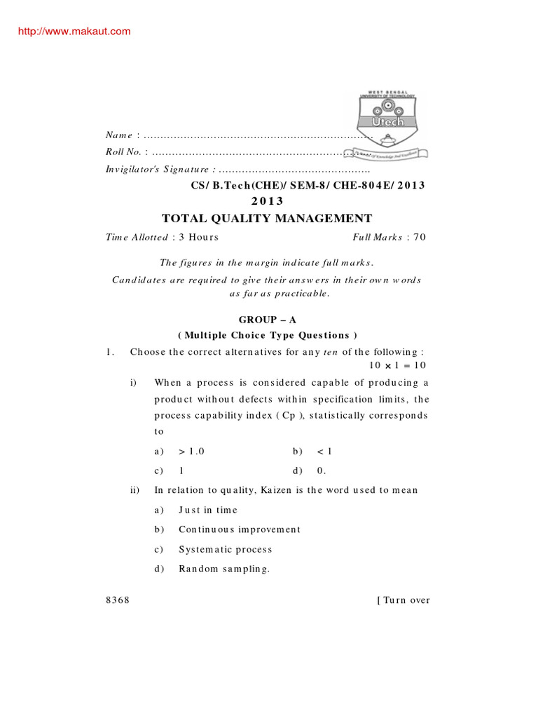 btech-che-8-sem-total-quality-management-2013 | PDF | Evaluation Methods