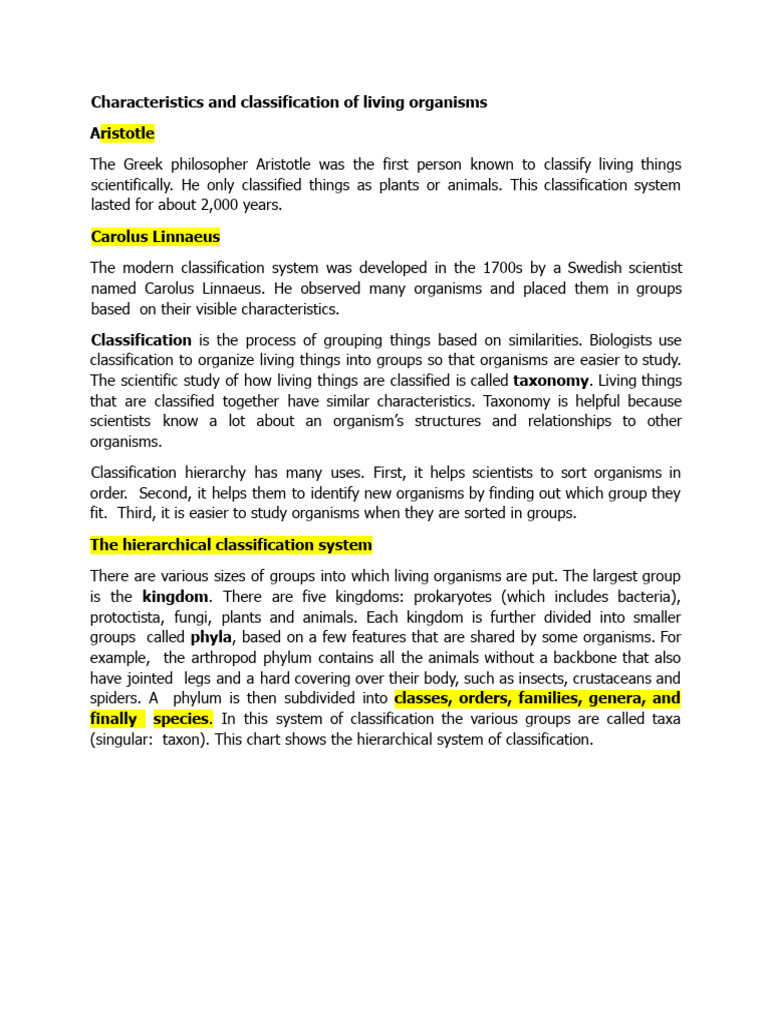 Characteristics and Classification of Living Organisms | PDF | Taxonomy ...