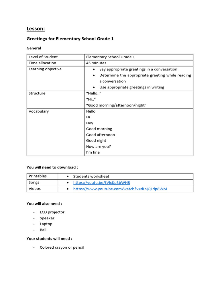 Greetings Lesson Plan Fb65ca2c | PDF | Behavior Modification | Learning