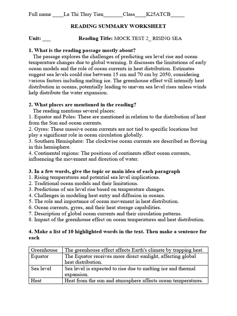 Readingsummary Worksheet | PDF | Oceans | Sea