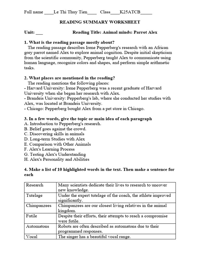 Readingsummary Worksheet | PDF