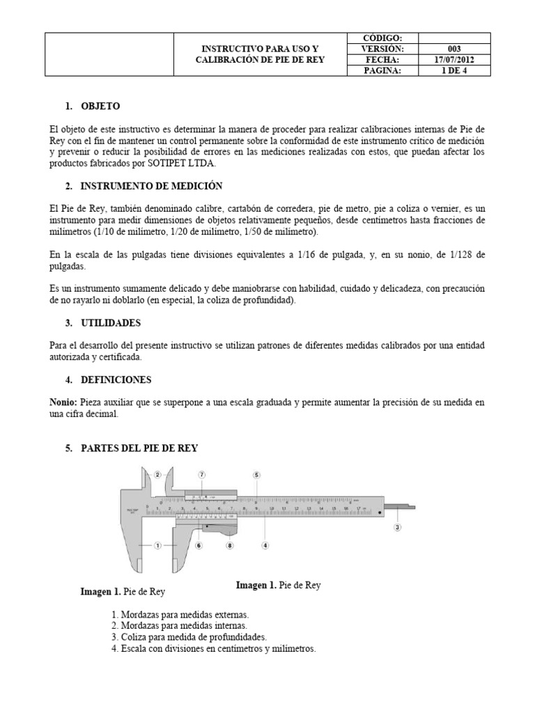 I-M-005 Instructivo Para Uso y Calibración de Pie de Rey | PDF ...
