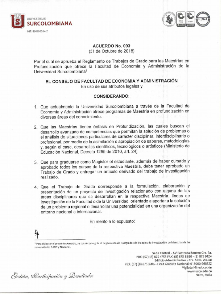 Acuerdo - 093 - de - 2018 para Maestrias en Profundización | PDF