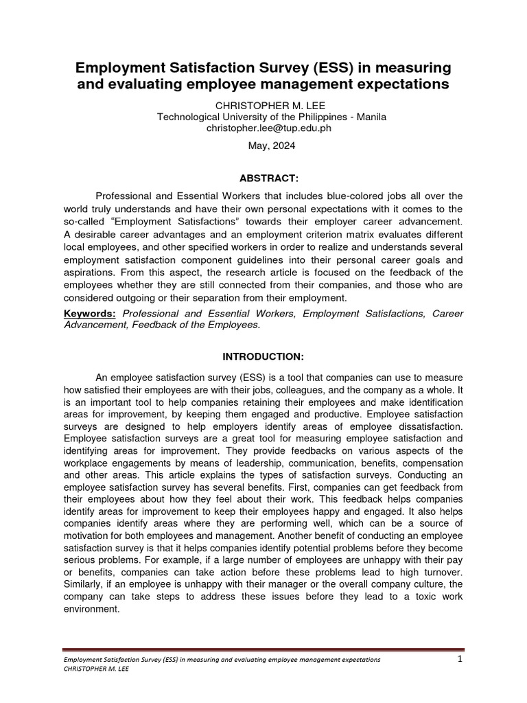 Employment Satisfaction Survey (ESS) in Measuring and Evaluating ...