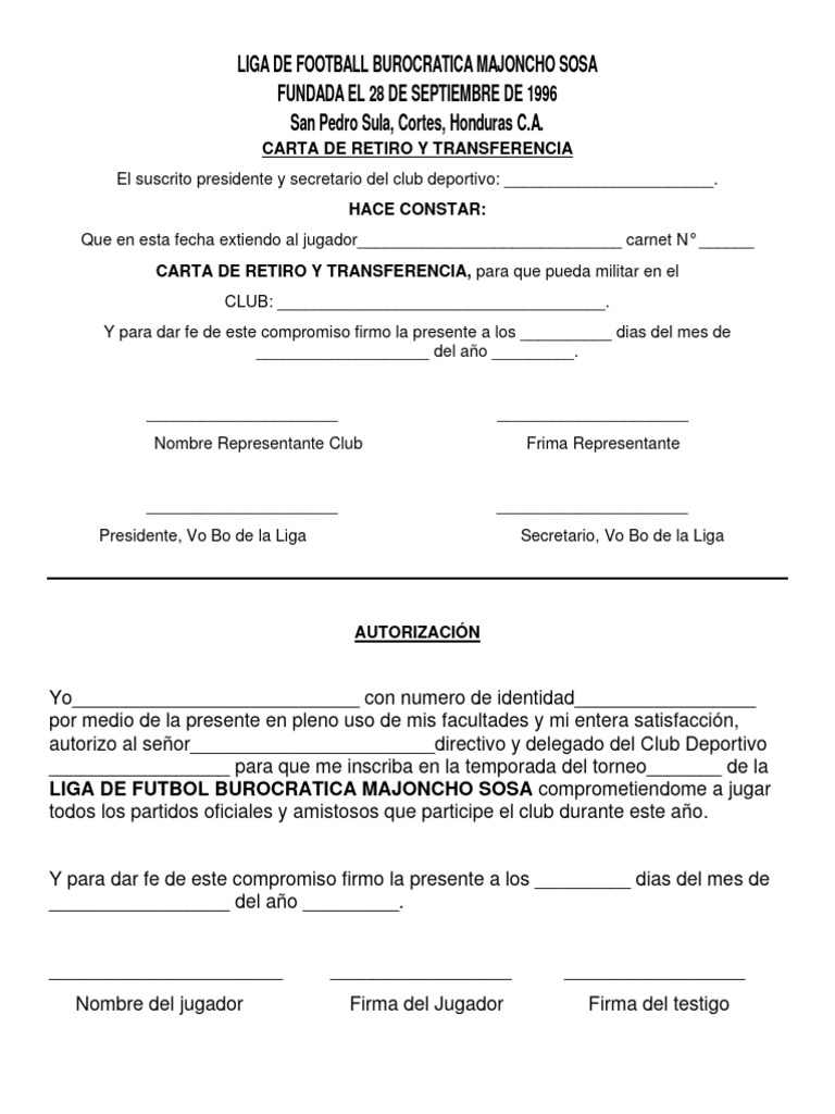 Carta de Retiro y Transferencia | PDF | Asociación de Futbol