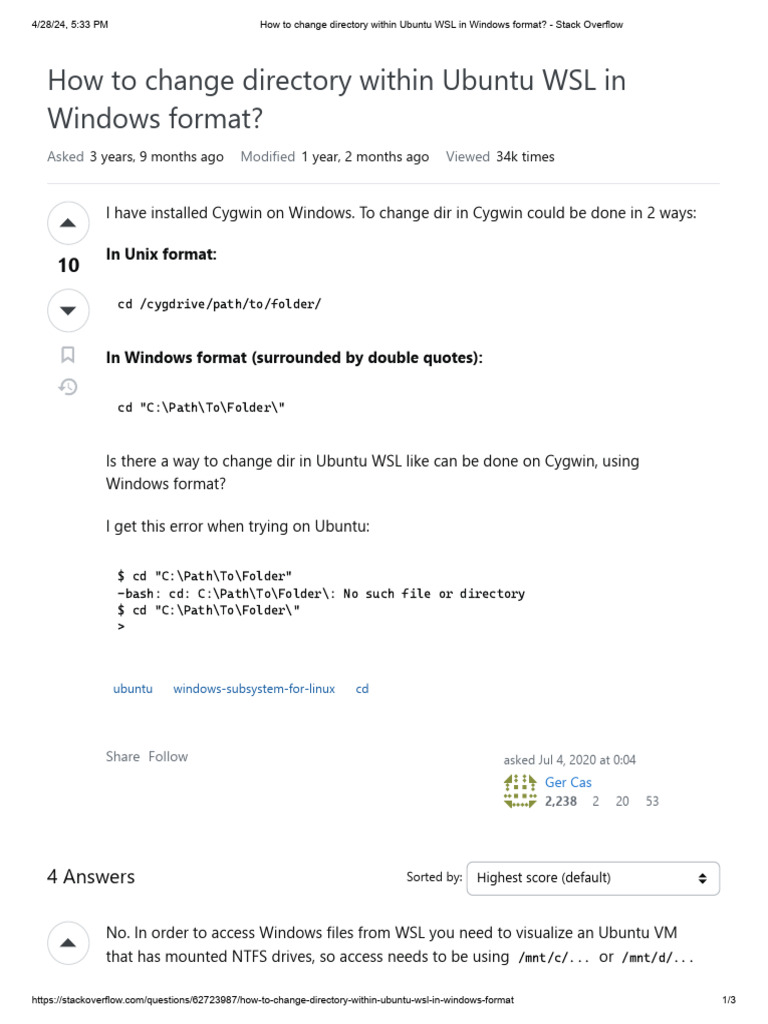 How To Change Directory Within Ubuntu WSL in Windows Format - Stack Overflow | PDF | Directory ...